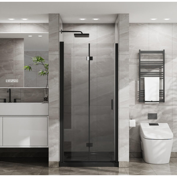 COFVIAL 34"x 72" Bifold Frameless Glass Shower Door 1/4 inch Tempered Clear Glass Pivot Swing ...